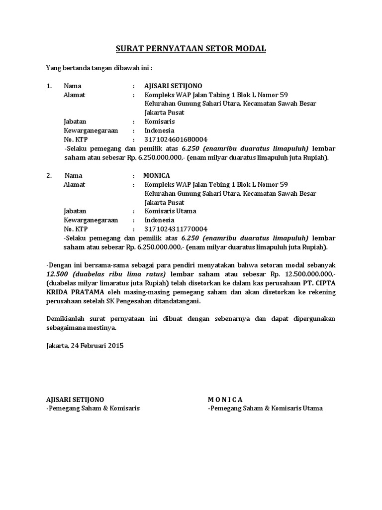 Surat Pernyataan Setor Modal - Domisili | PDF