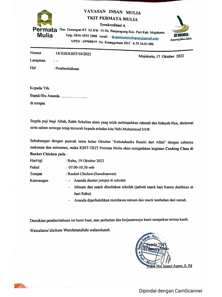 Pemberitahuan Outing Cooking Class | PDF