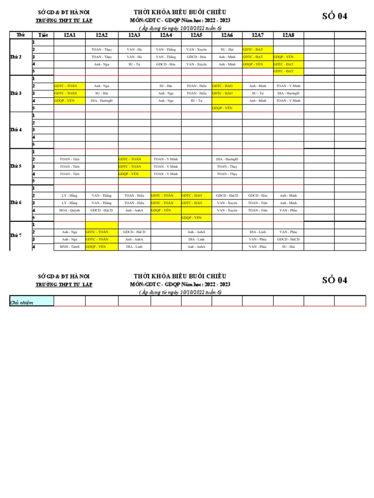 TKB Môn GDTC - GDQP 2022-2023 | PDF