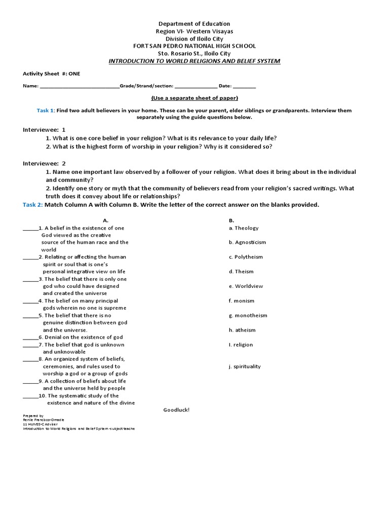 Activity Sheet #1 2022-2023 Introduction To World Religions & Belief ...