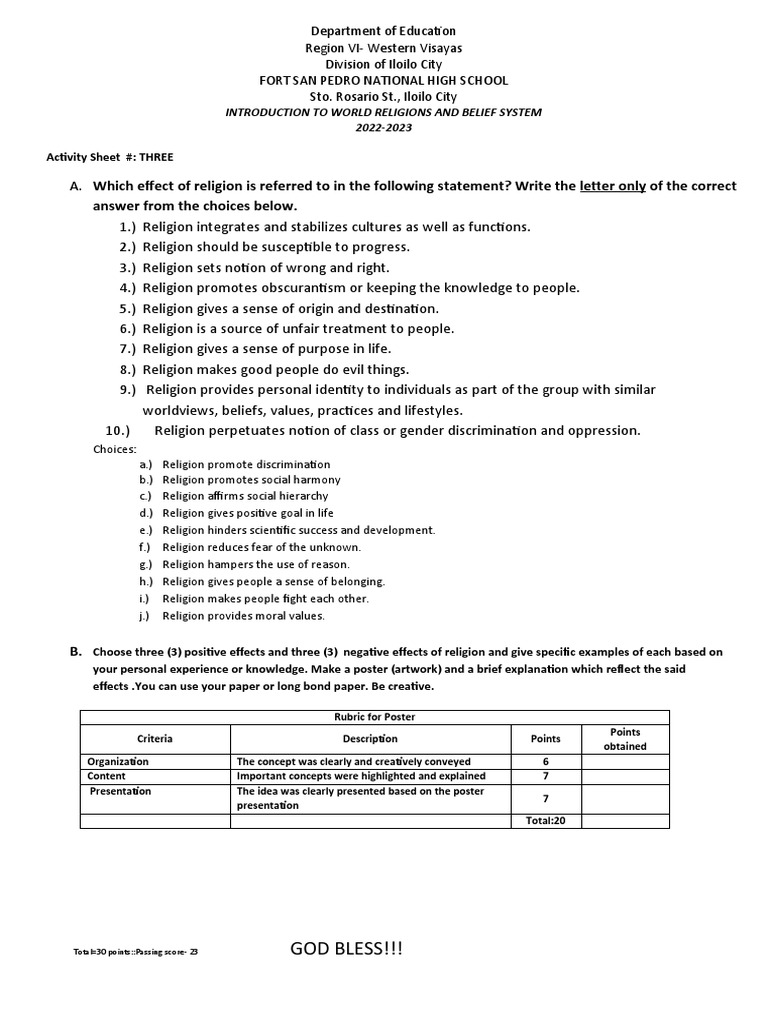 Activity Sheet #3 2022-2023 Introduction To World Religions & Belief ...