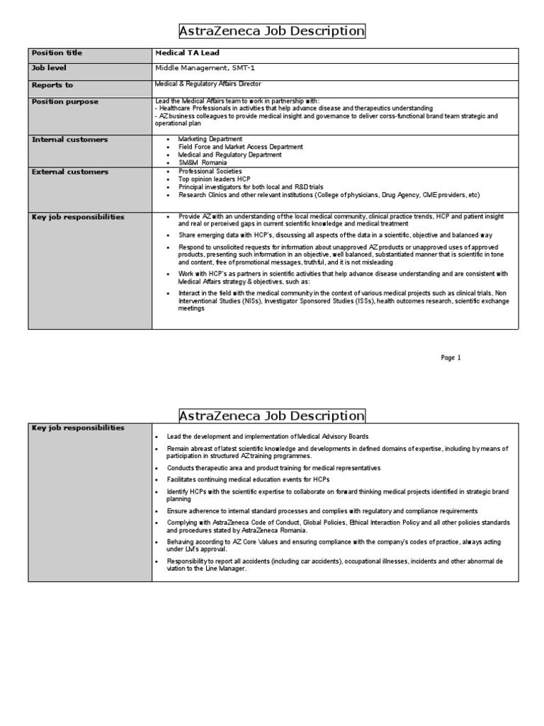 CURRENT Job Description Medical TA Lead v4 Oct 2022 | PDF