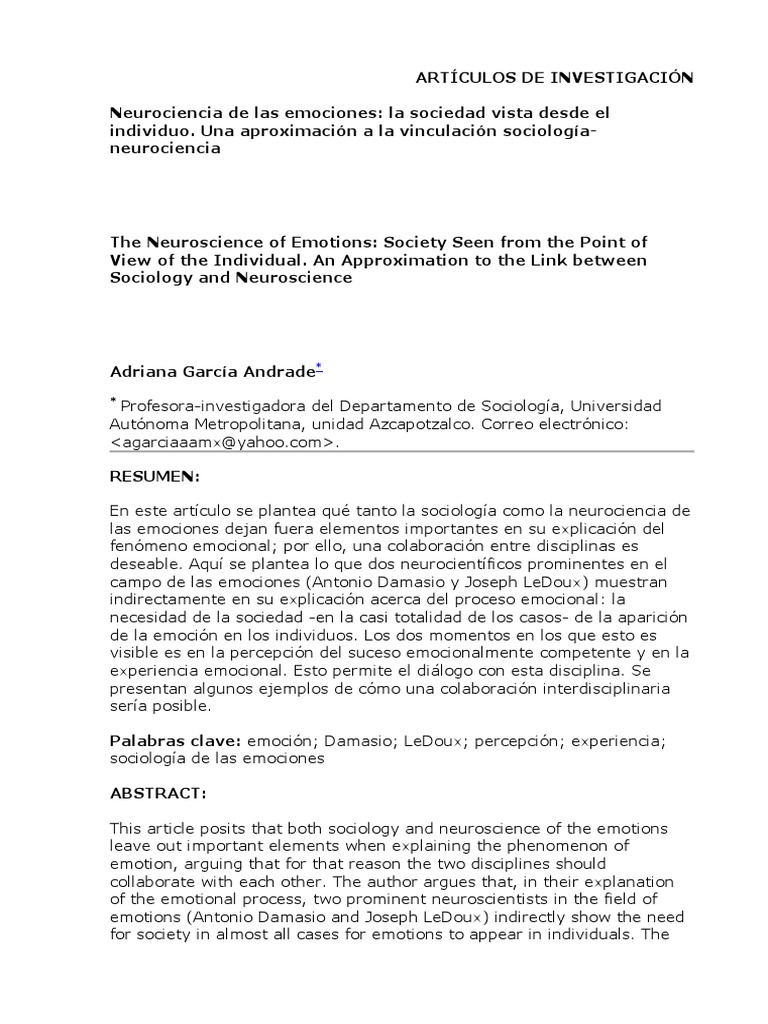 Neurociencia De Las Emociones Pdf Las Emociones Memoria