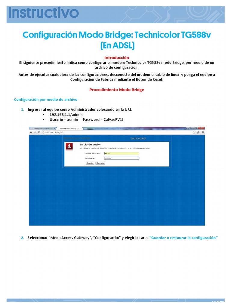 Configuracion Modo Bridge Technicolor tg588v en | PDF | Informática ...