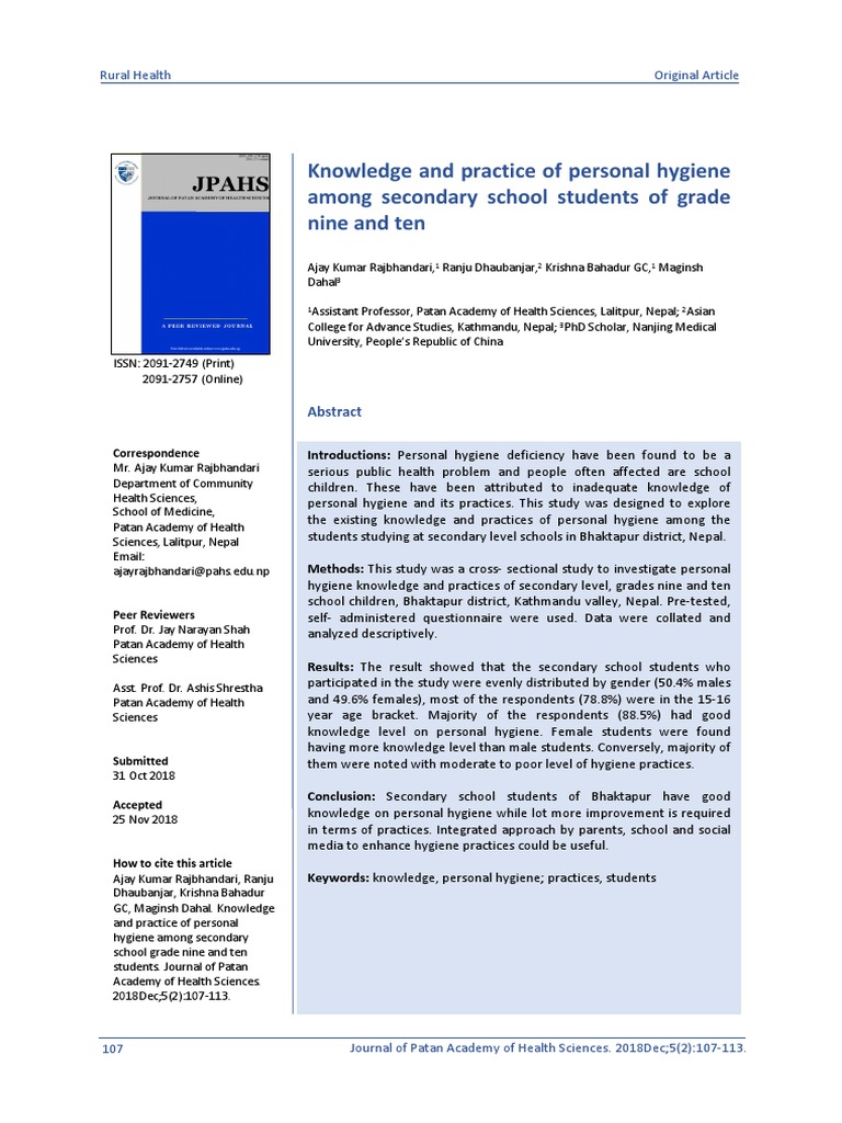 Personal Hygiene Journal | PDF | Hygiene | Self Report Study