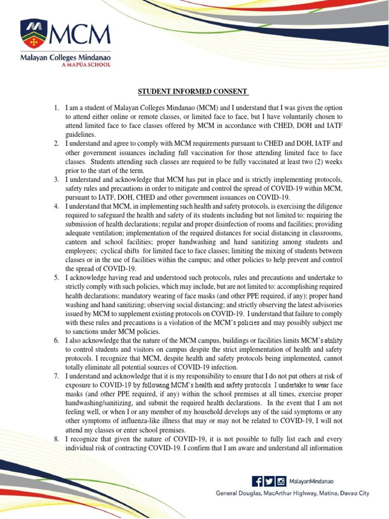 MCM Student Informed Consent and Waiver FINAL Fillable PDF | PDF ...