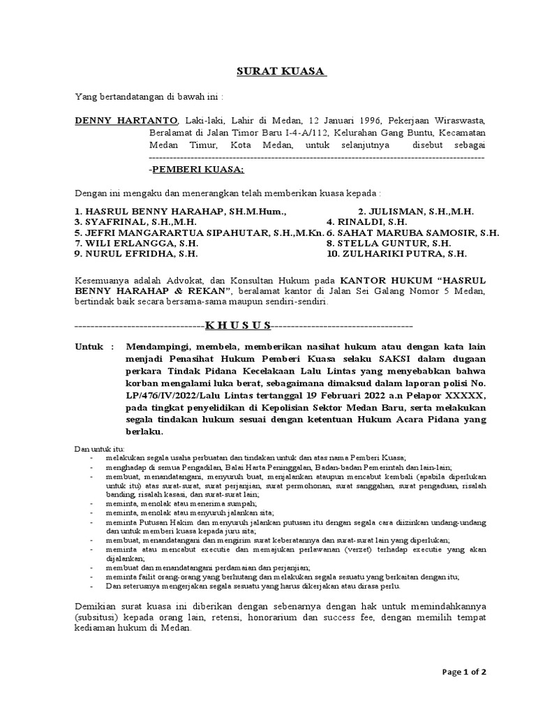 Surat Kuasa Hukum Kecelakaan | PDF
