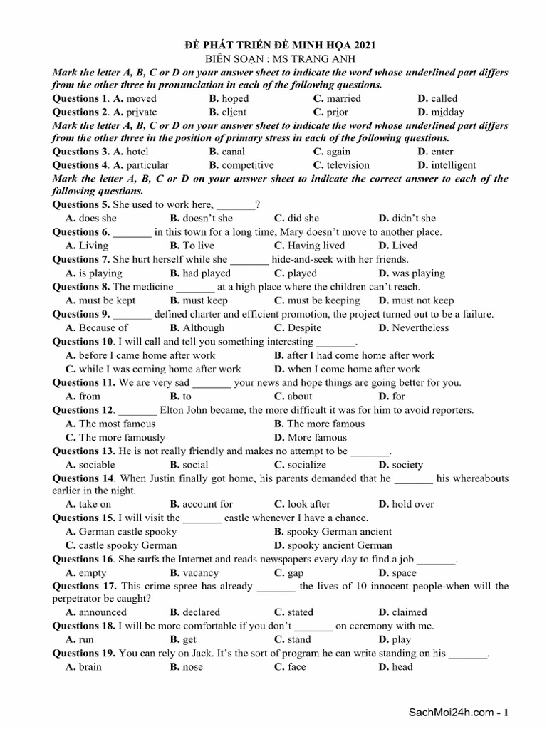 (SachMoi24h.com) Đề thi thử theo form đề minh họa 2021 - Ms Trang Anh | PDF