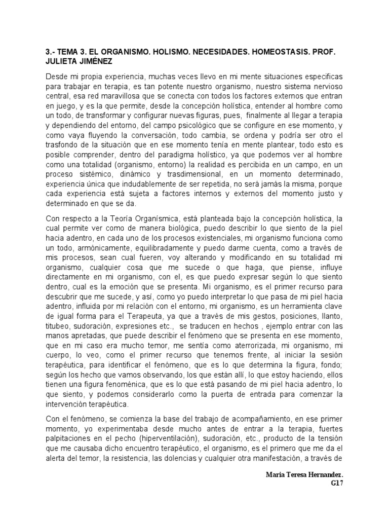El Organismo. Holismo. Necesidades. Homeostasis | PDF | Holismo ...