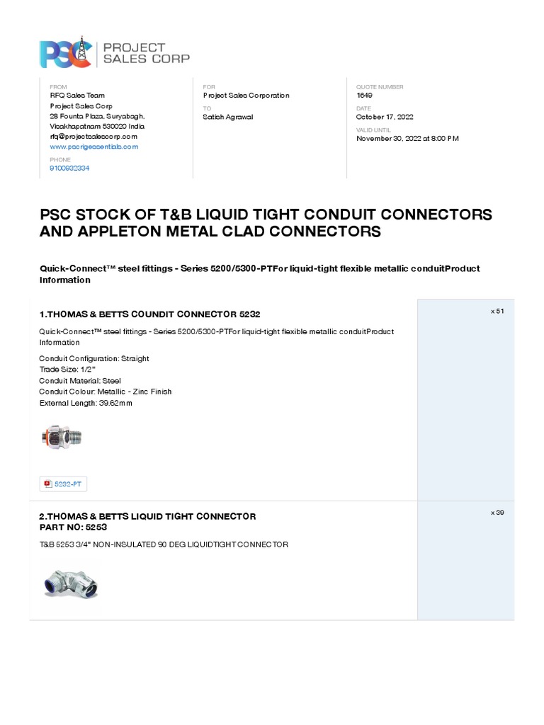 PSC Stock of T&B Liquid Tight Conduit Connectors and Appleton Metal ...