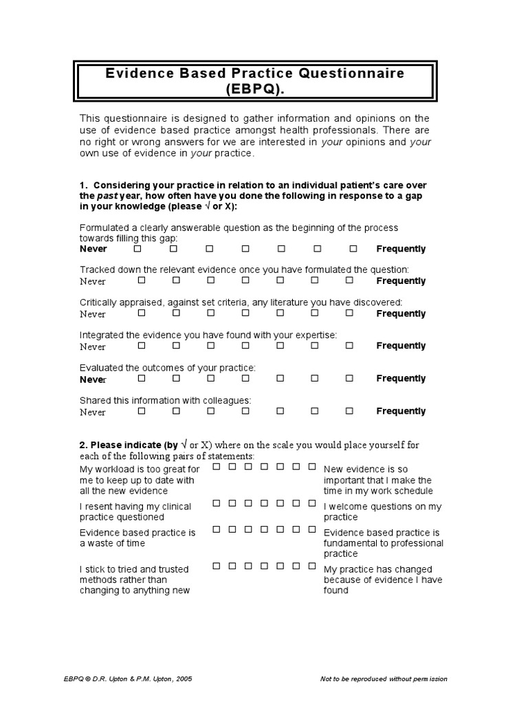 Evidence Based Practice QUESTIONNAIRE Upton Upton 2006 | PDF | Evidence ...