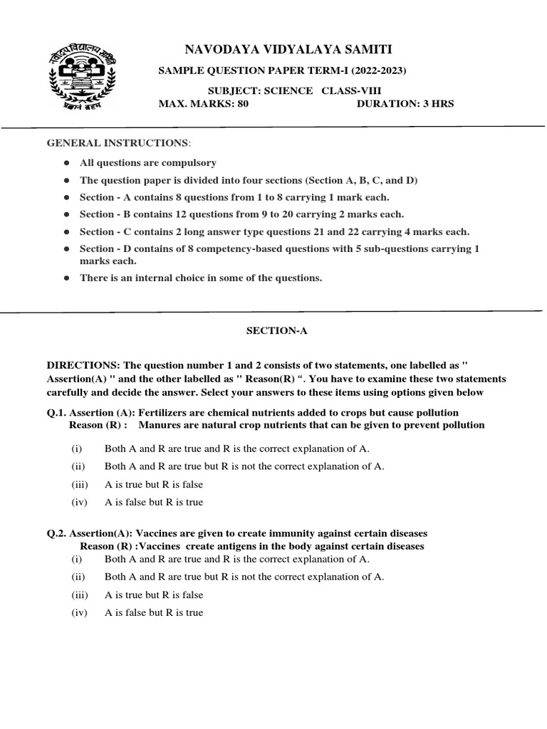 1.sample QP Science-Viii | PDF