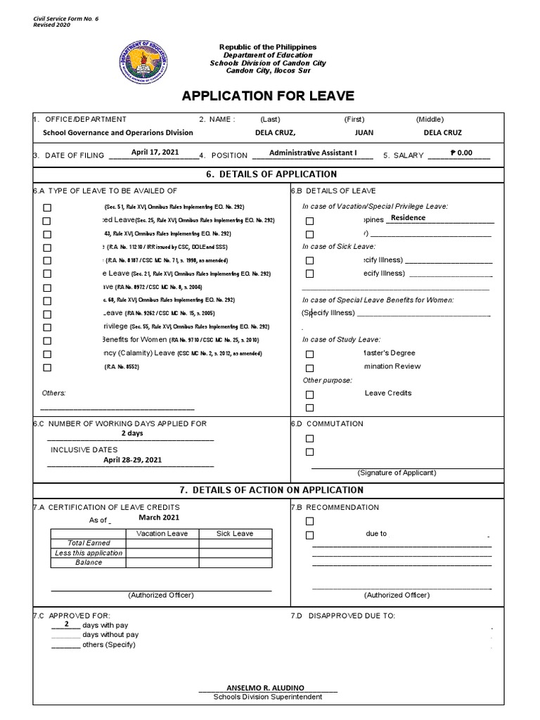 CS Form No. 6 Application For Leave Revised 2020 | PDF | Parental Leave | Sick Leave