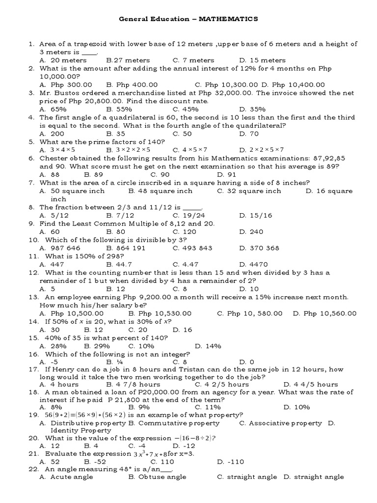 Math Gen Ed September 2022 | PDF | Area | Triangle