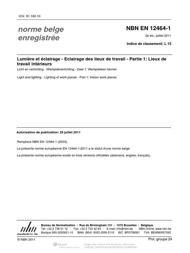 Norme NBN en 12464-1 FR | PDF | Lumière | Couleur