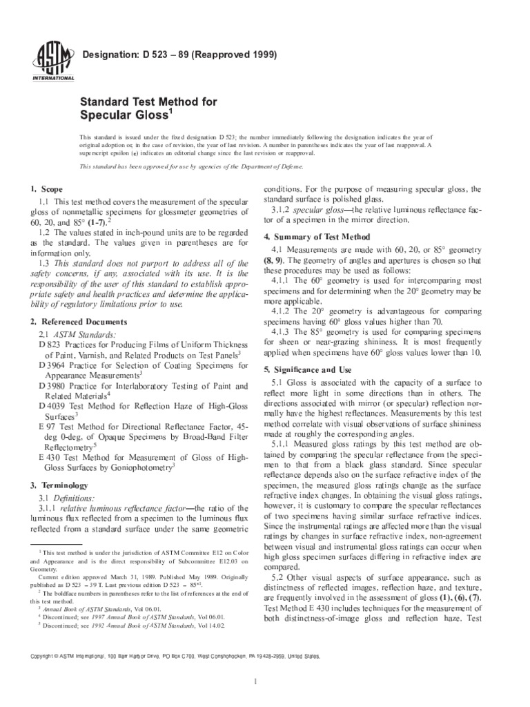ASTM D 523-99 Specular Gloss | PDF