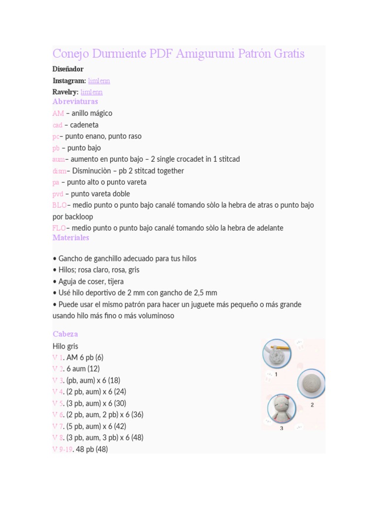 Conejo Durmiente PDF Amigurumi Patrón Gratis | PDF | Amigurumi | Tejer