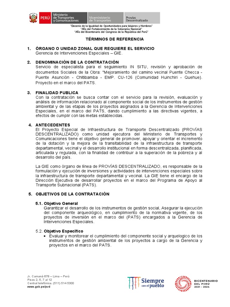 Modelo de TDR - Especialista Social | PDF