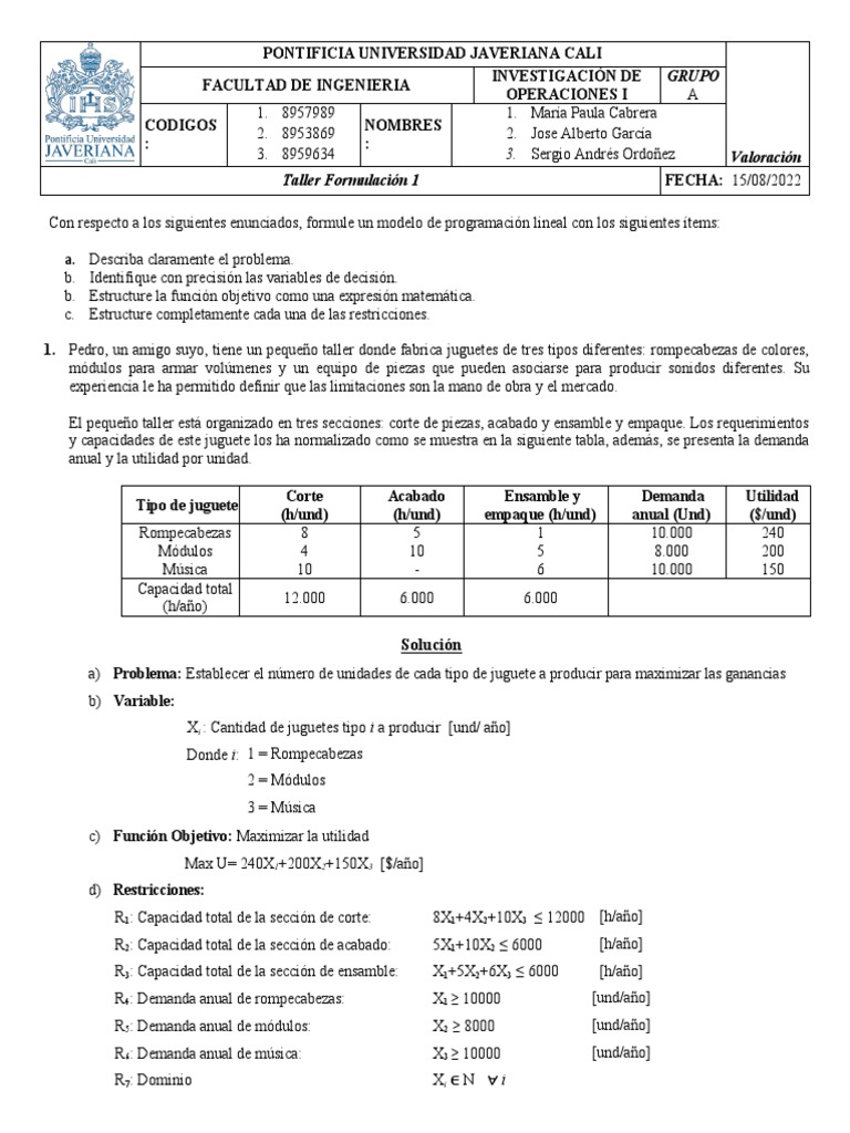 Taller1 TERMINADO - Formulación IO1 | PDF