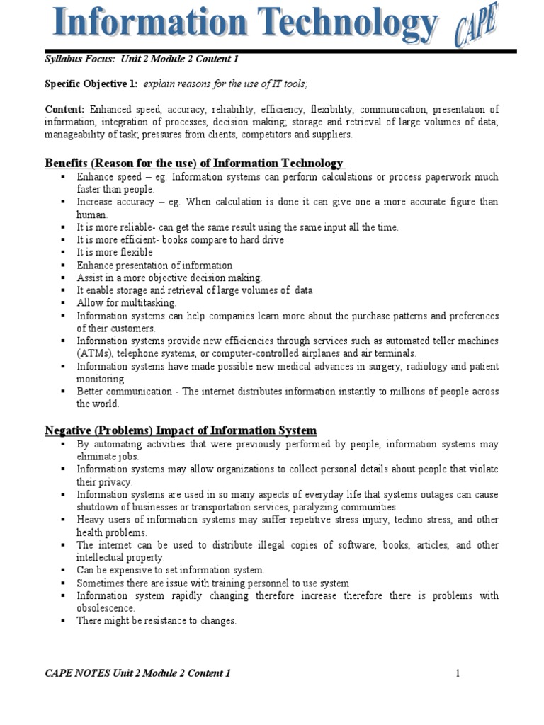 Cape Notes Unit 2 Module 2 Reason For The Use of It | PDF | Information ...