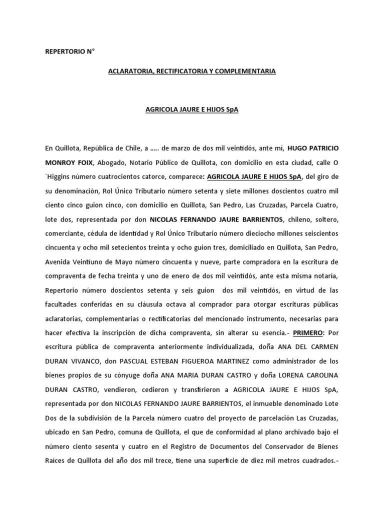 Escritura Aclaratoria Rectificatoria Complementaria - Compraventa Jaure-Duran | PDF