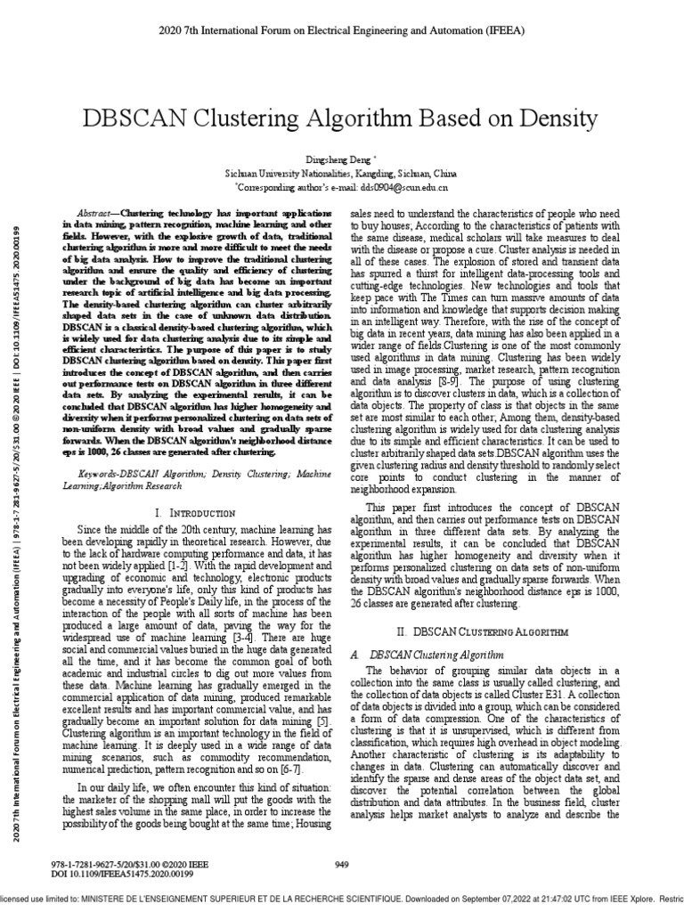 Dbscan Clustering Algorithm Based On Density Pdf Statistical Data Types Data Mining