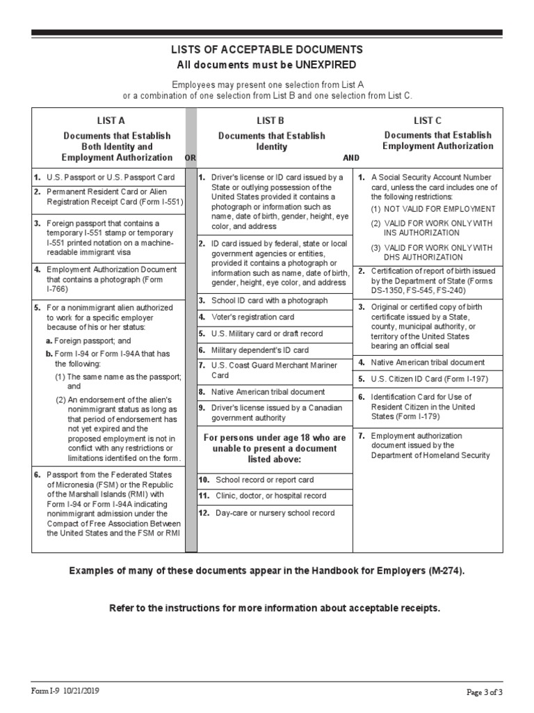 I-9 Acceptable Documents Guide | PDF | Identity Document | Passport