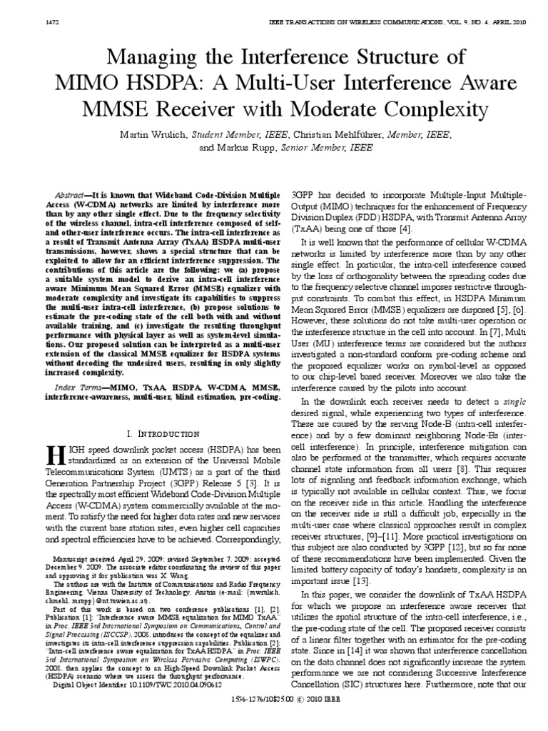 Managing The Interference Structure of MIMO HSDPA: A Multi-User Interference Aware MMSE Receiver ...