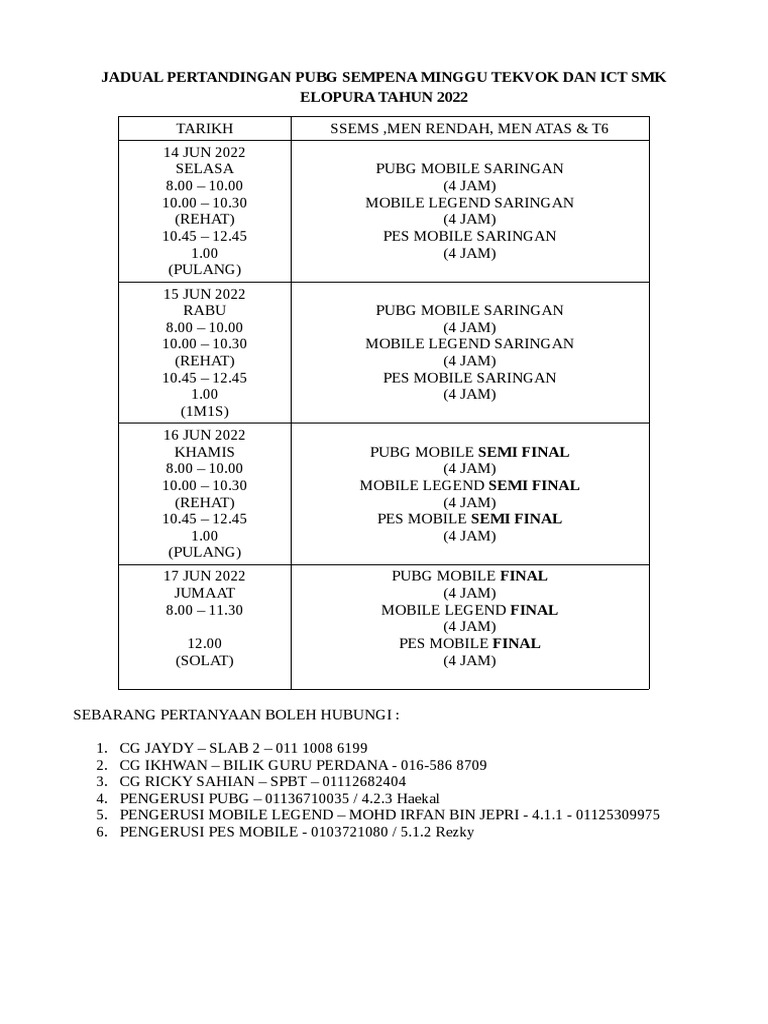 Jadual Esport 2022 | PDF