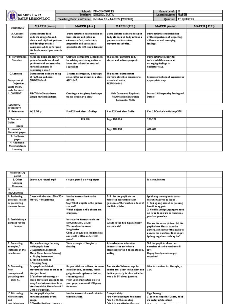 DLL - All Subjects 2 - Q1 - W7 - D1 | Download Free PDF | Rhythm | Learning