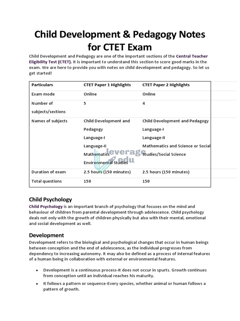 Child Development Pedagogy Notes For Ctet Exam Pdf Teaching Method