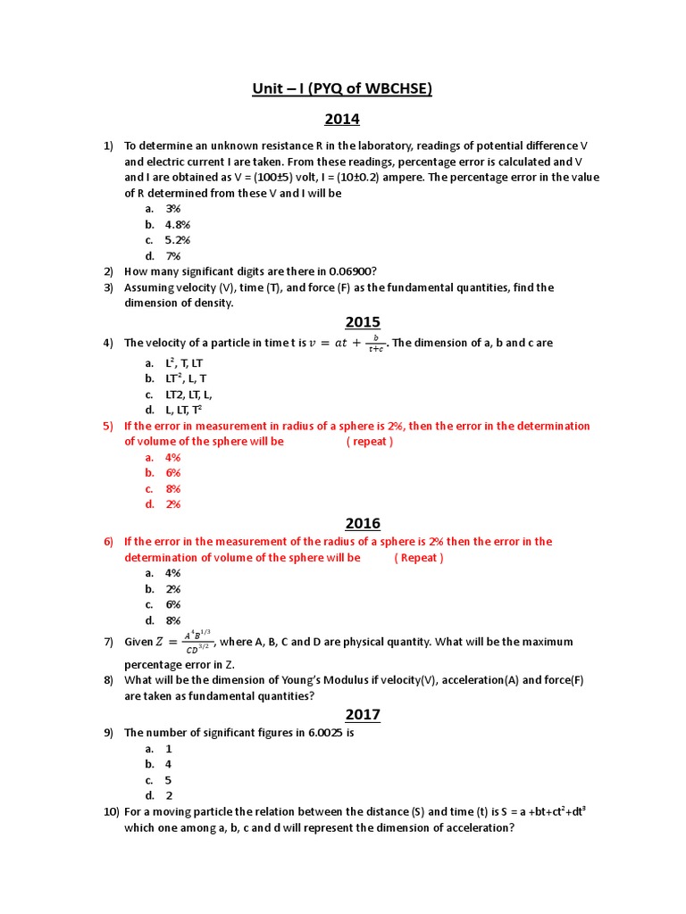 Unit 1 PYQ.docx | PDF | Physics | Quantity