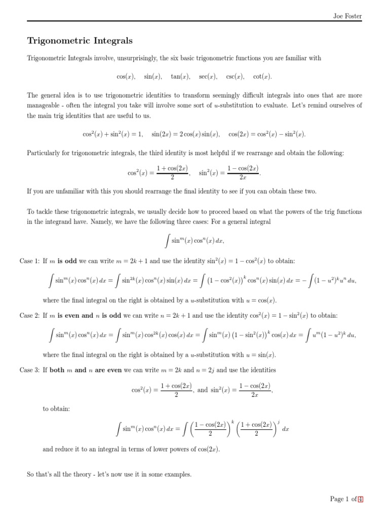 Trigonometric Integrals | PDF | Trigonometric Functions | Integral