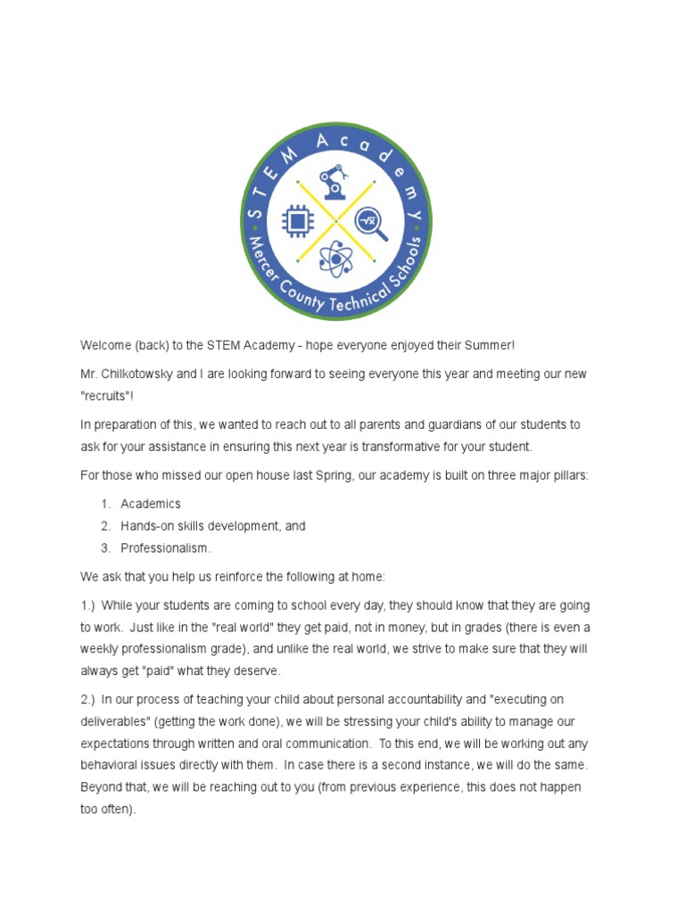 STEM Parent Welcome Letter | PDF | Behavior Modification