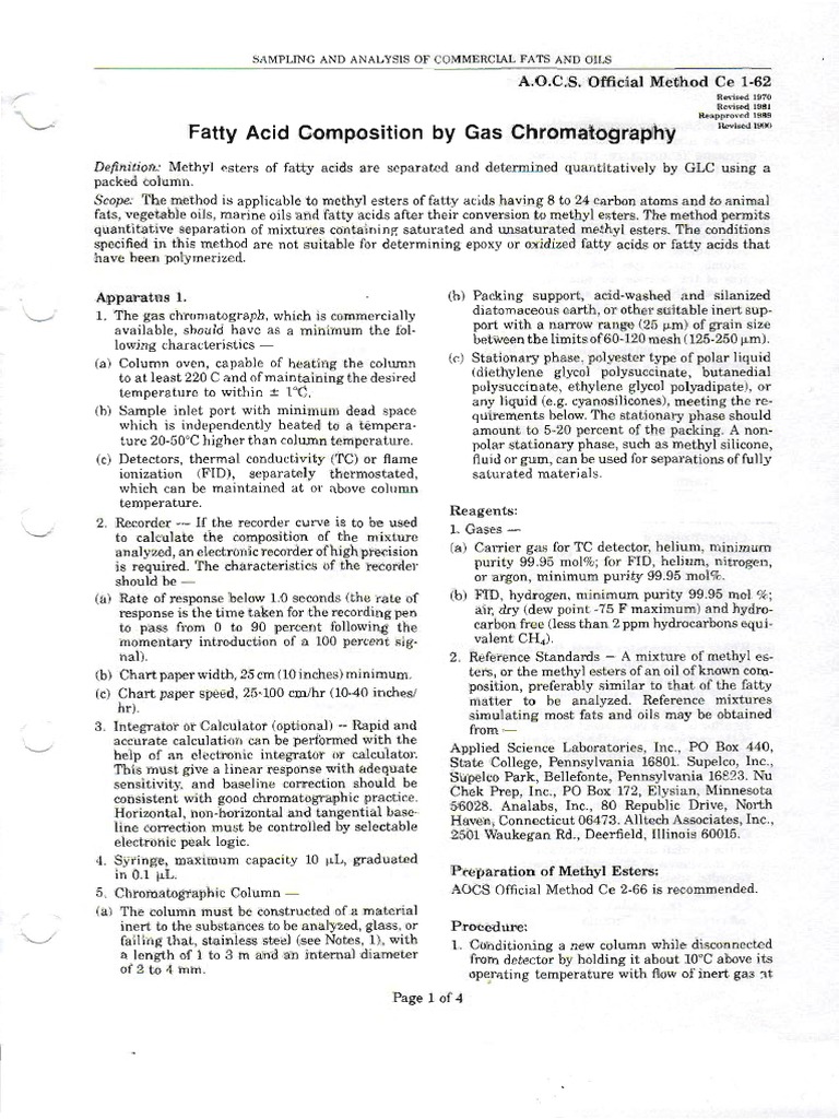AOCS Official Method Ce 1-62 Fatty Acid Composition by Gas ...