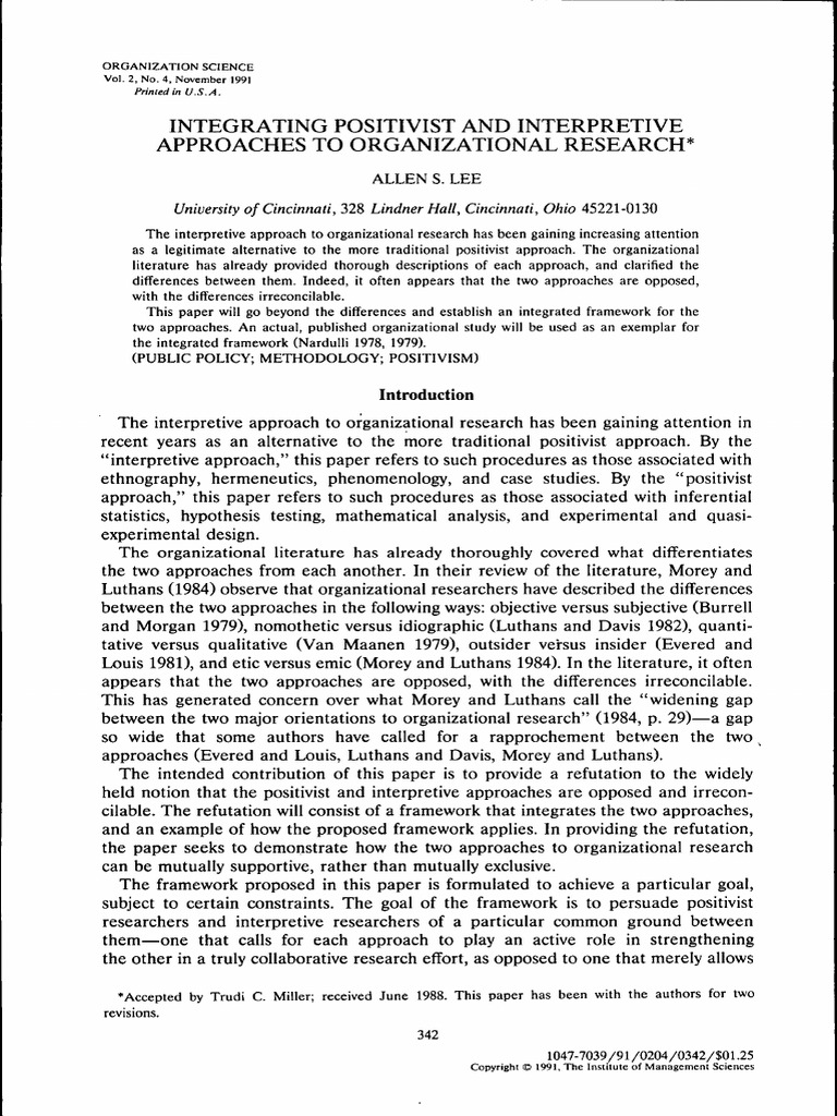 Integrating Positivist and Interpretive Approaches To Organizational Research | PDF ...