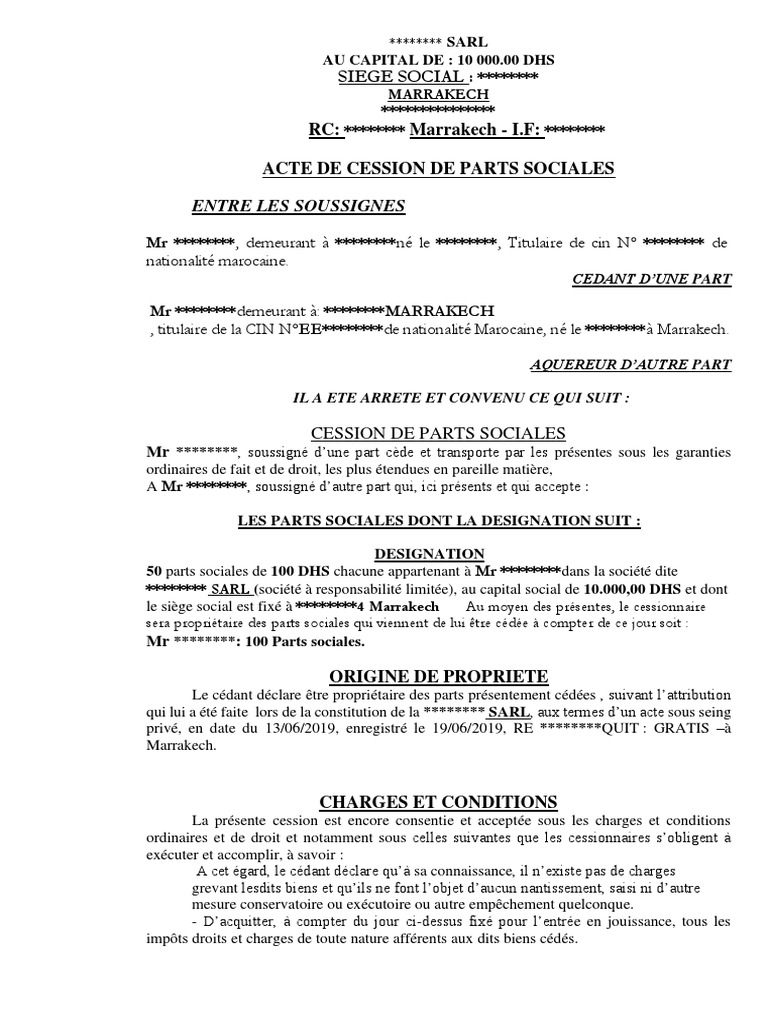 Acte Cession Des Parts | PDF