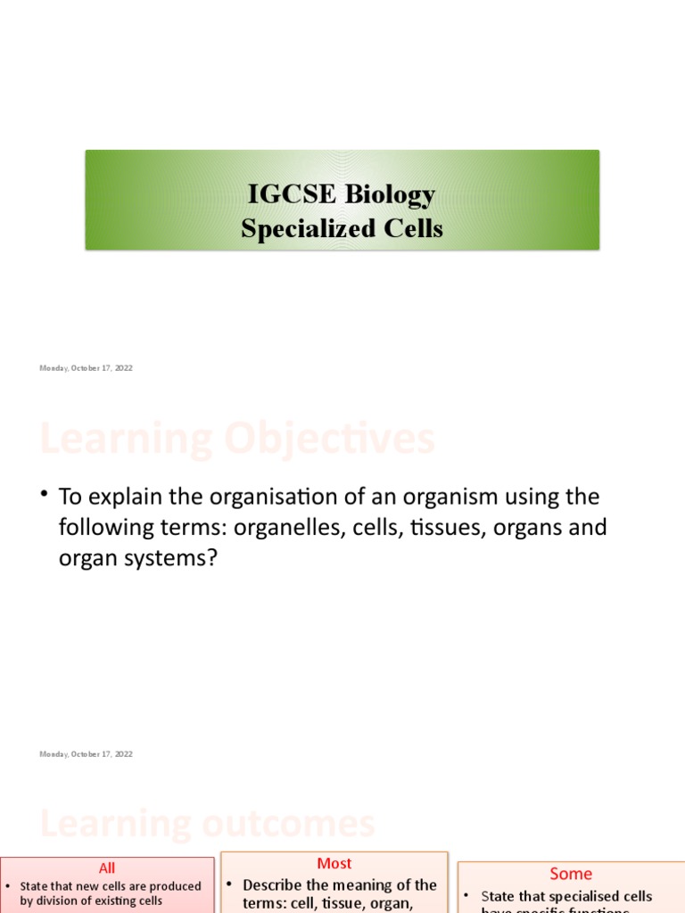 Specialised Cells-& Levels of Organisations | PDF | Cell (Biology) | Tissue (Biology)
