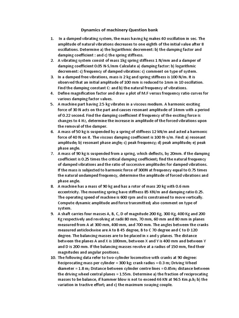 Dynamics of Machinery Question Bank | PDF | Damping | Resonance