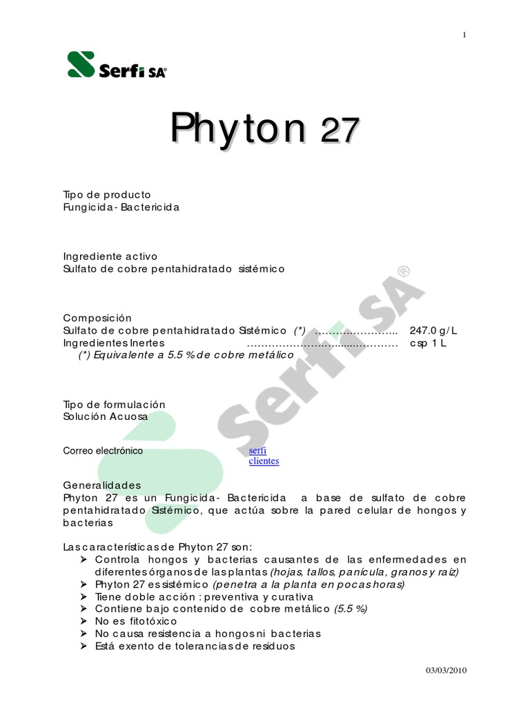 Fungicida Phyton 27: Control Sistémico | PDF | Plantas | Especialidades Medicas