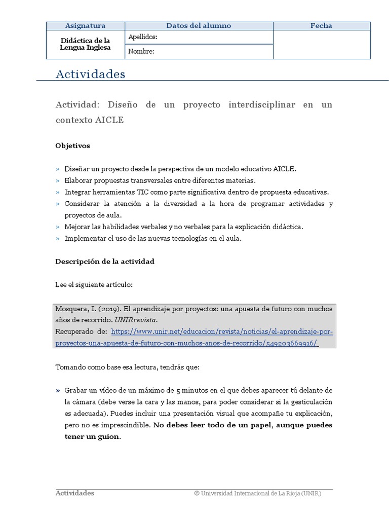 Actividad 2 - Diseño de Un Proyecto Interdisciplinar en Contexto AICLE ...