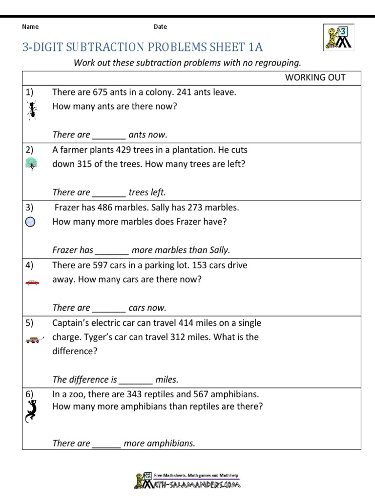 3-Digit Subtraction Word Problems | PDF