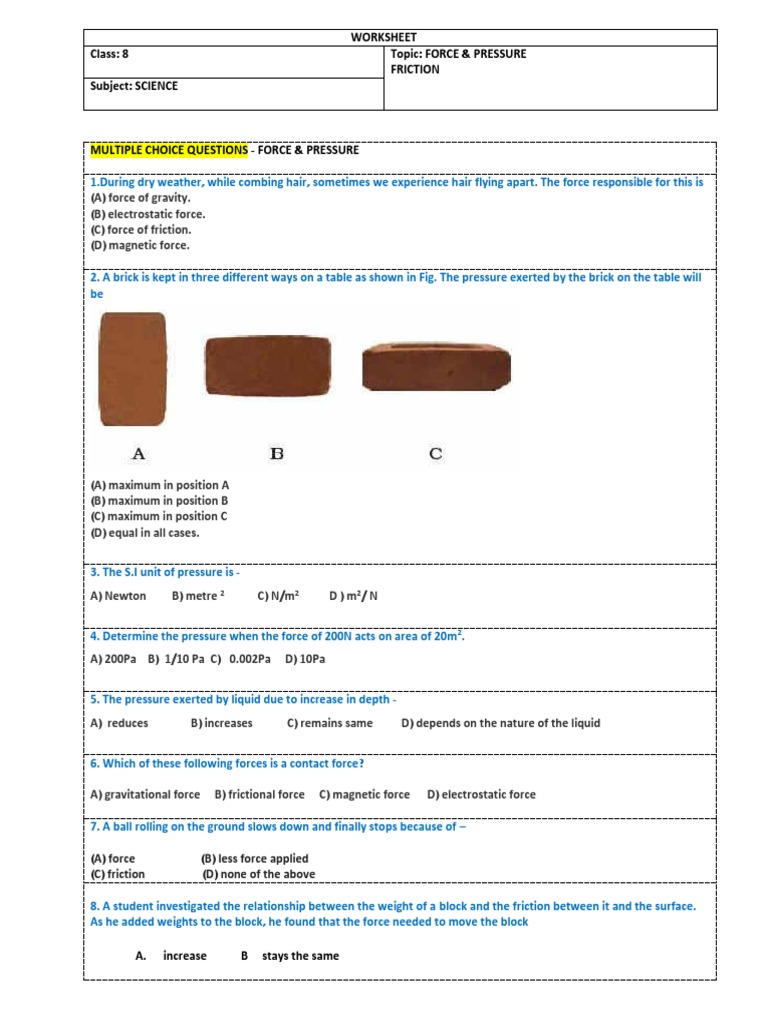 Class 8 Force and Pressure Worksheet | PDF | Force | Pressure