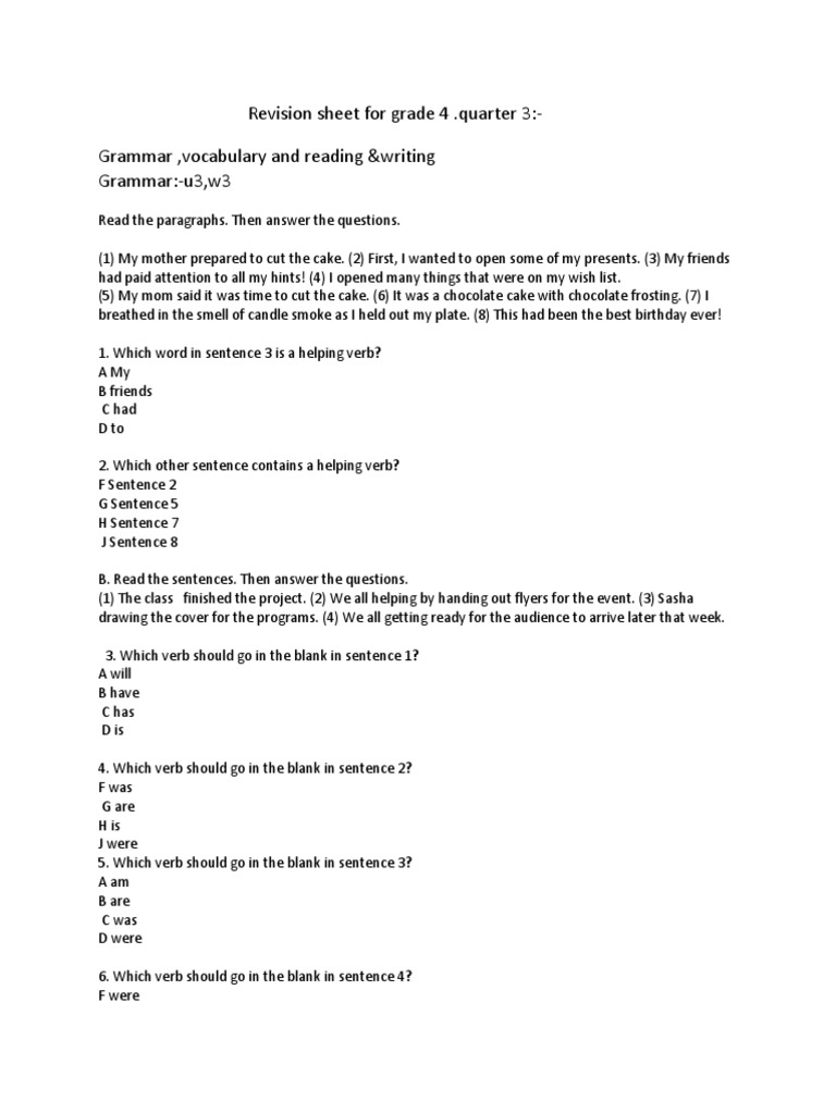 Revision Sheet for Grade 4 Quarter 3 Grammar, Vocabulary, and Reading ...