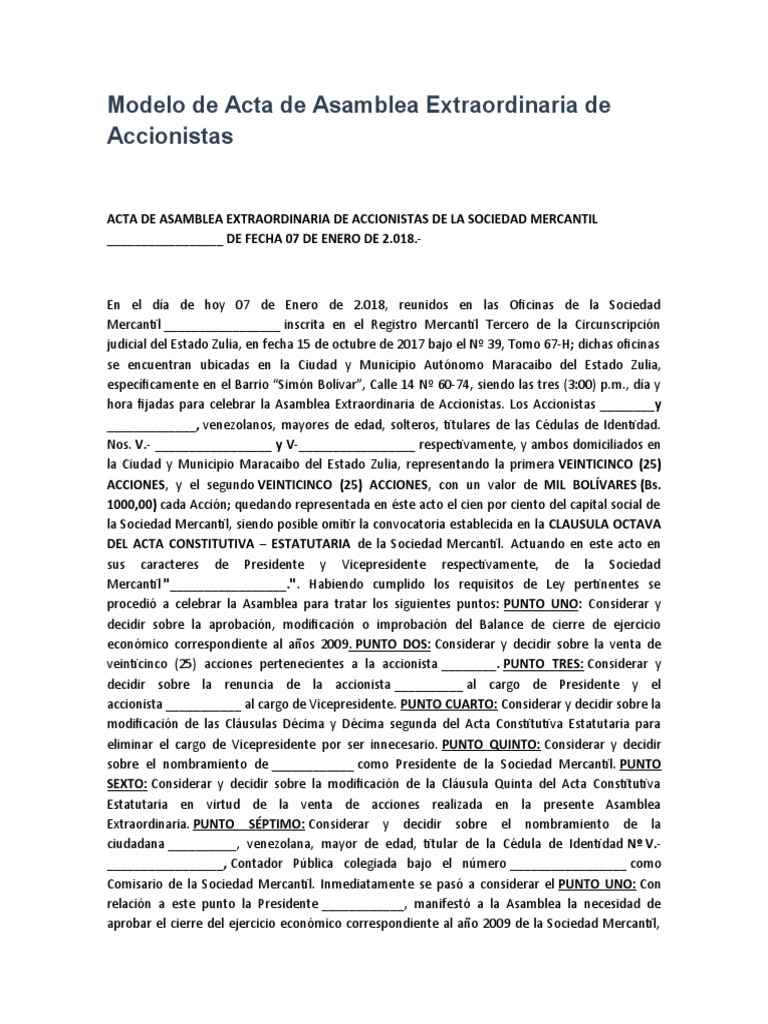 Modelo de Acta de Asamblea Extraordinaria de Accionistas | PDF | Venezuela