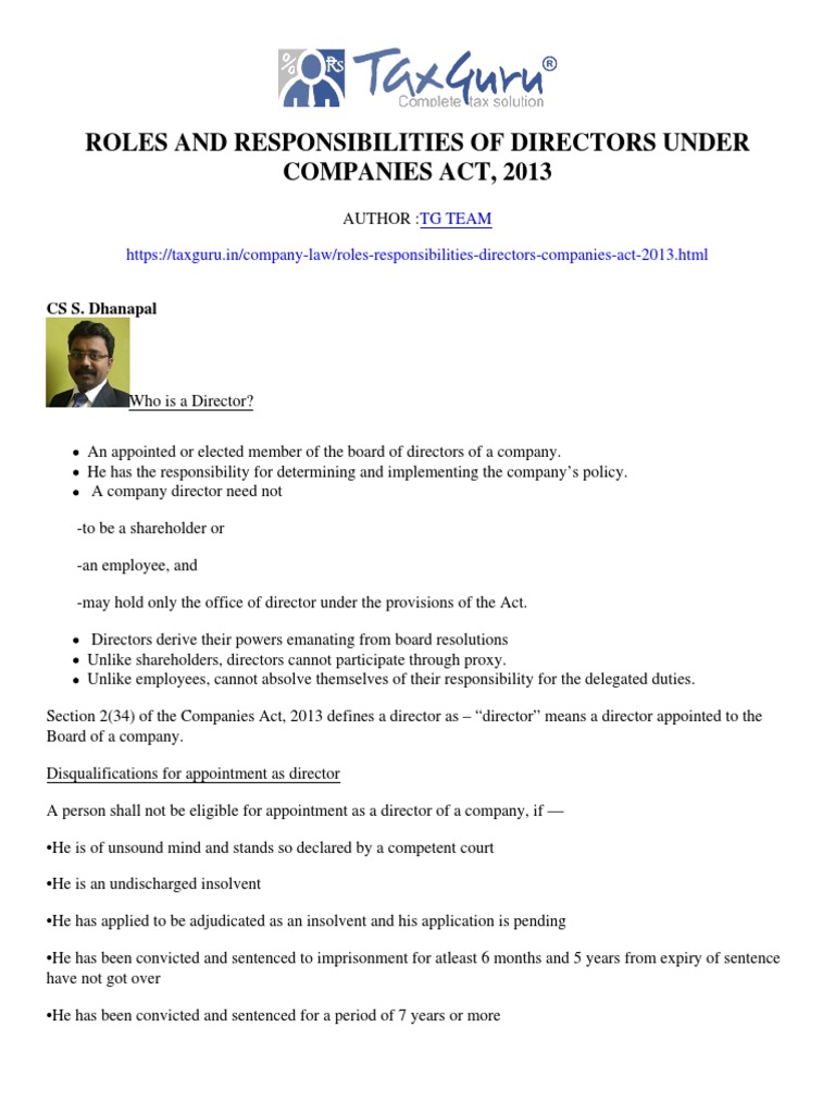 Roles and Responsibilities of Directors Under Companies Act, 2013 ...