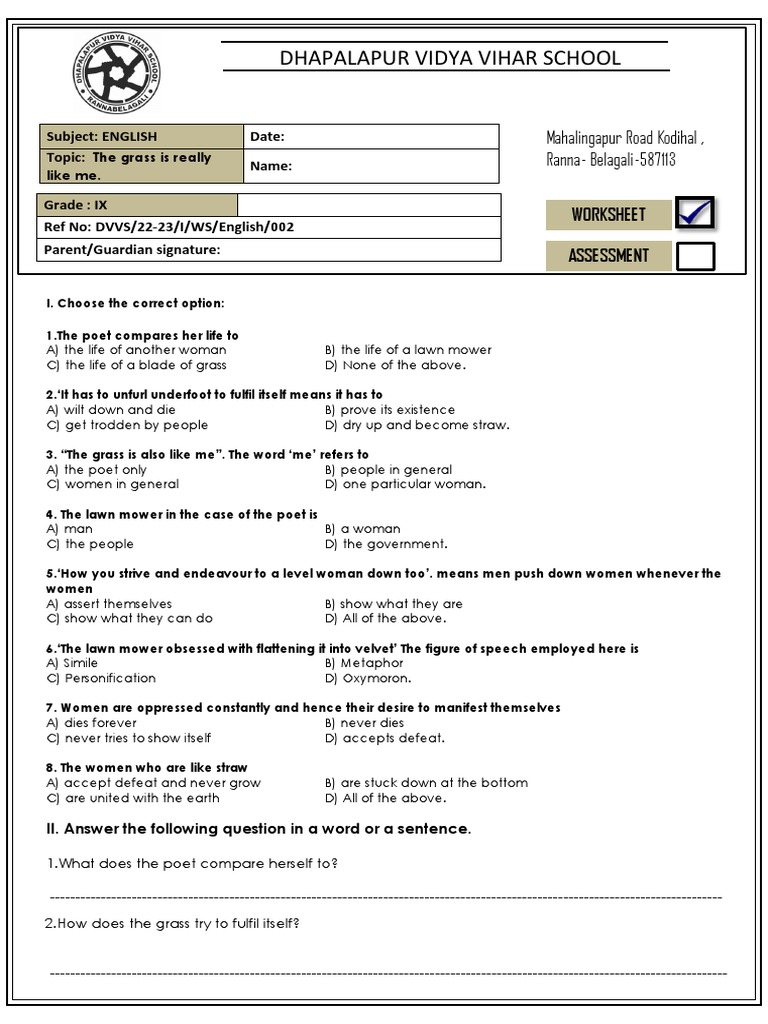 G9 Eng P1 The Grass Is Really Like Me WS 01 | PDF | Metaphor