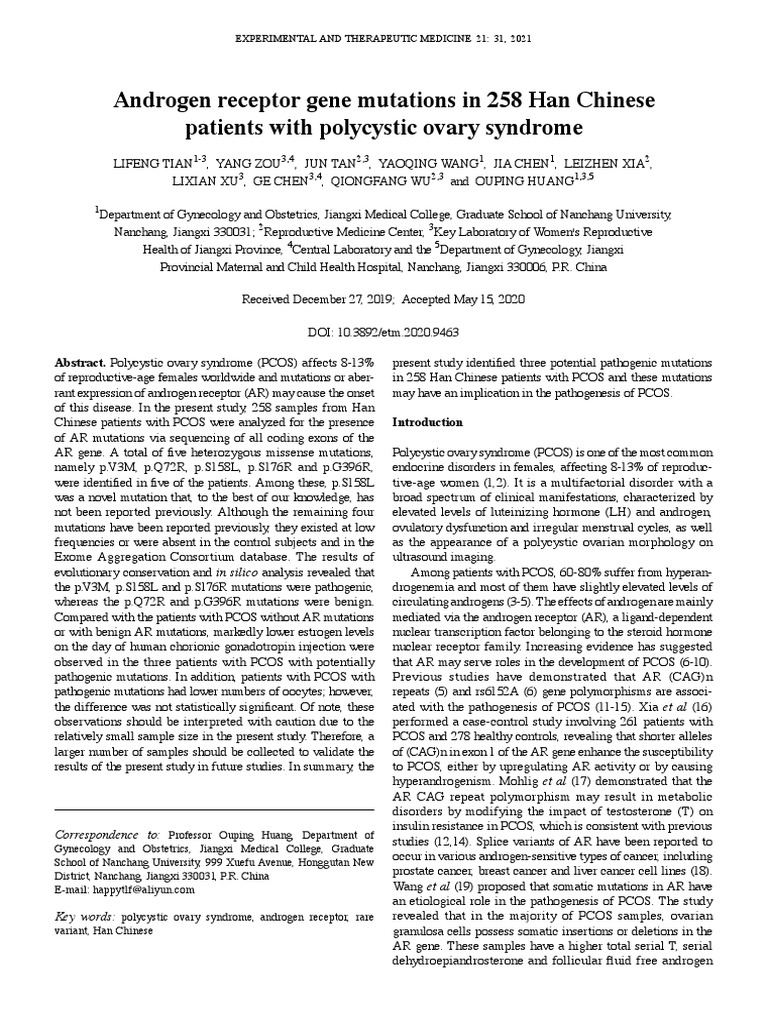 Androgen Receptor Gene Mutations in 258 Han Chinese | PDF | Polycystic ...