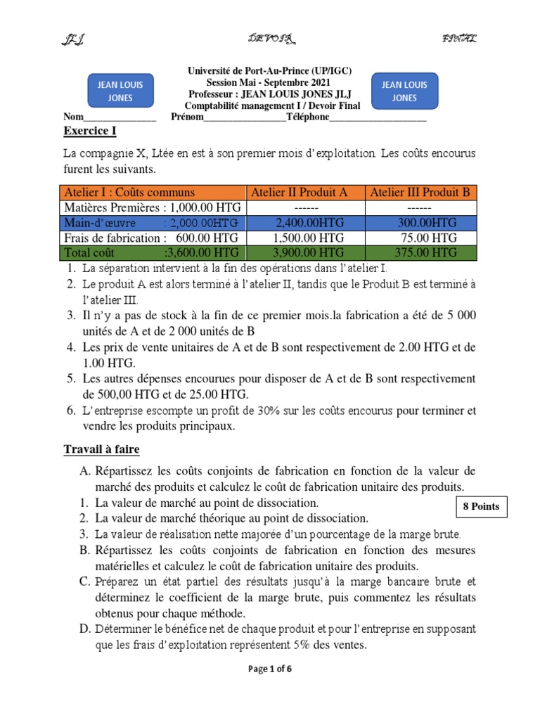 Devoir Final Prix de Revient I | PDF | Inventaire | Économie