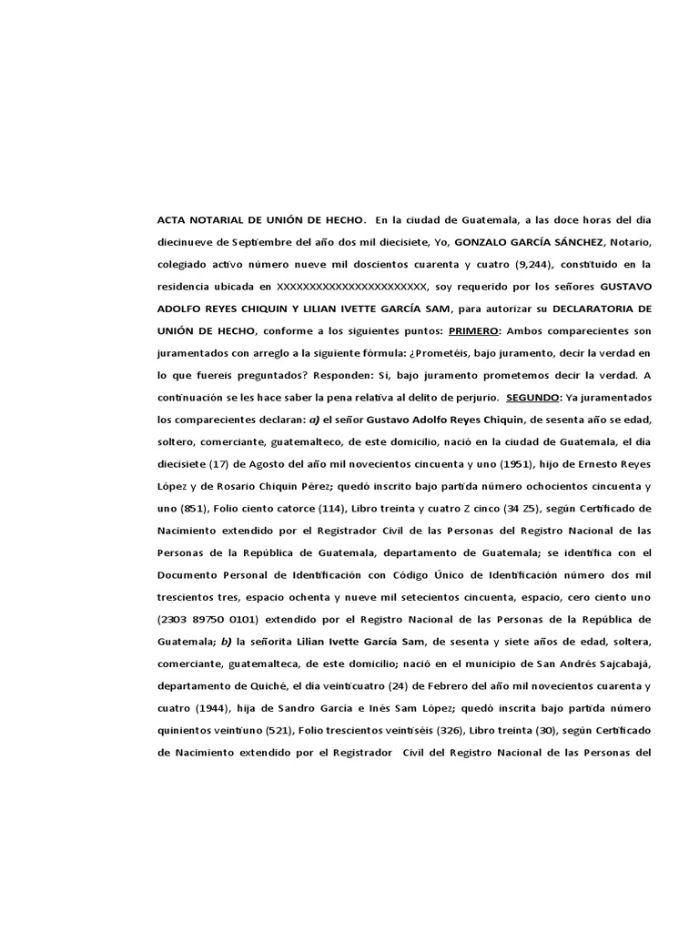 Modelo de Acta Notarial de Unión de Hecho | PDF